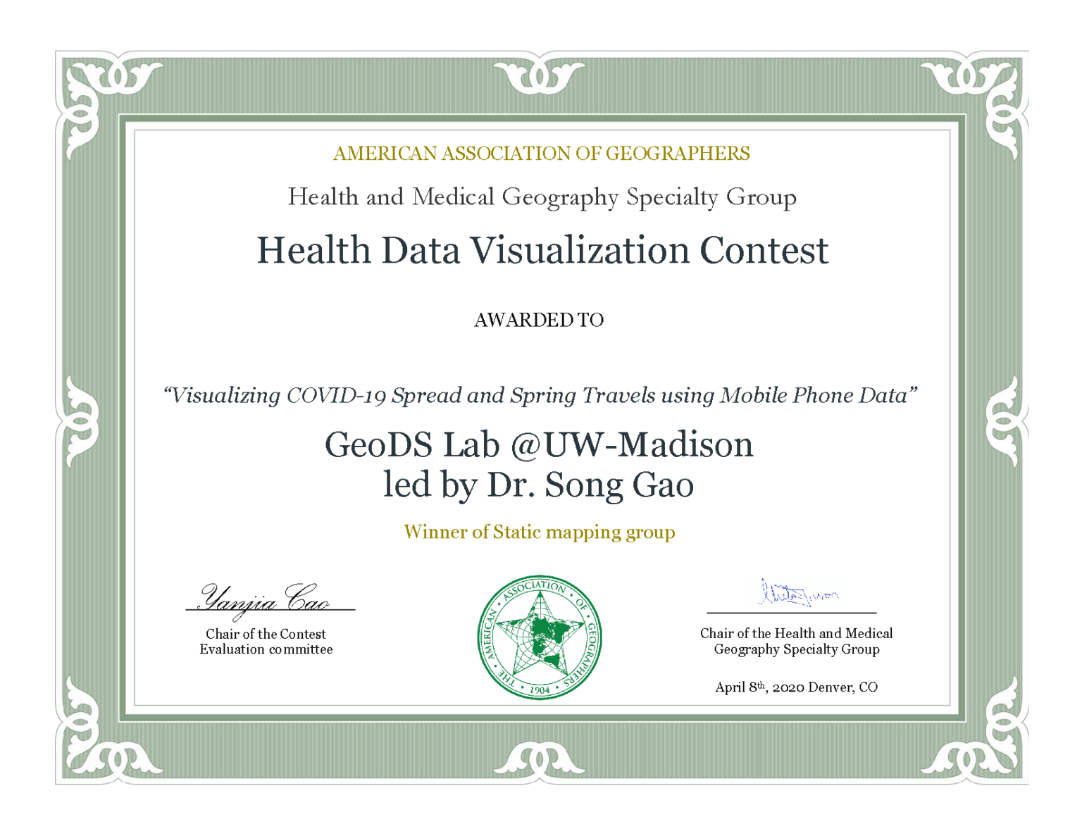 GeoDS Lab members won multiple awards in the AAG 2020 Annual Meeting ...