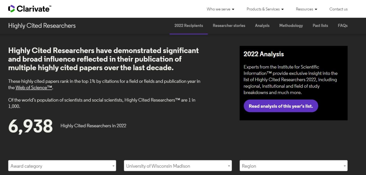 Prof. Song Gao was named the Highly Cited Researcher – GeoDSLab@UW-Madison